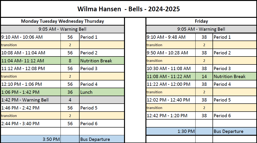 Office Hours & Bell Times - Wilma Hansen School